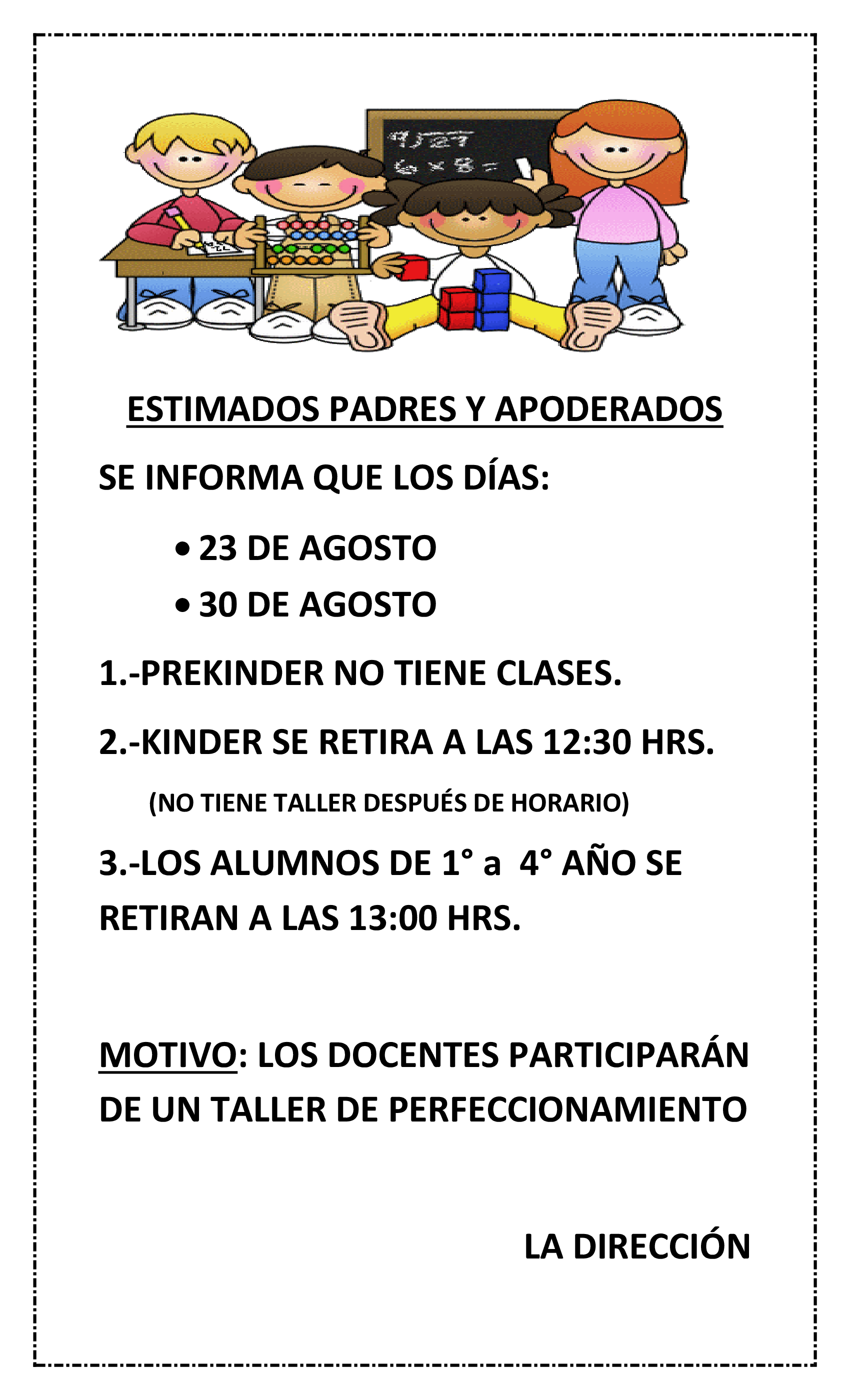 ATENCIÓN SALIDAS DE ESTUDIANTES PREKINDER A 4° BÁSICO, DÍAS 23 Y 30 ...